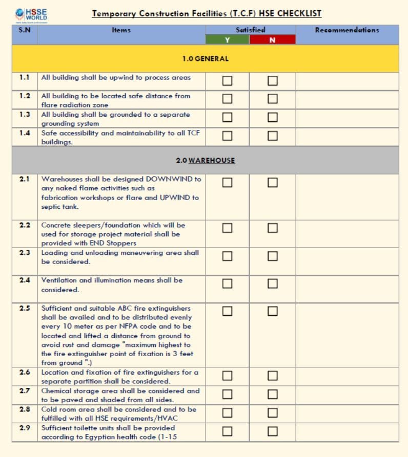 Temporary Construction Facilities (TCF) Inspection checklistSafety Bag
