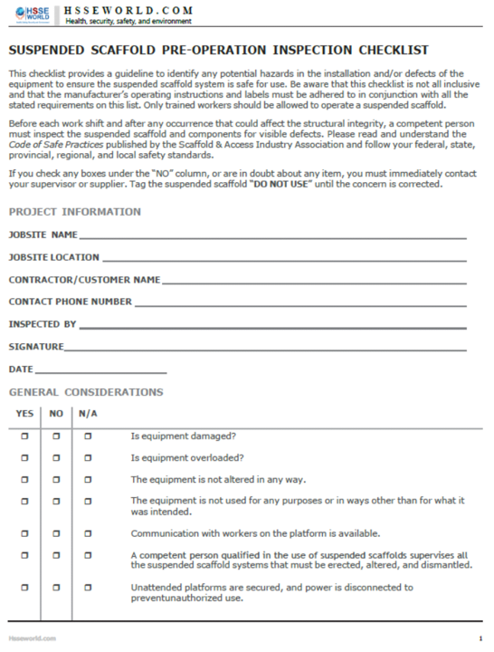 Suspended Scaffold Pre-Operation Inspection Checklist