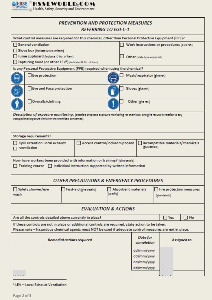 Chemical Risk Assessment form